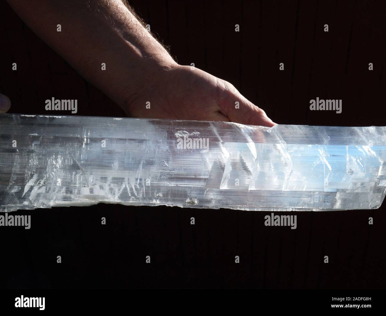 Giant selenite crystal. Geologist's hand touching a selenite crystal ...