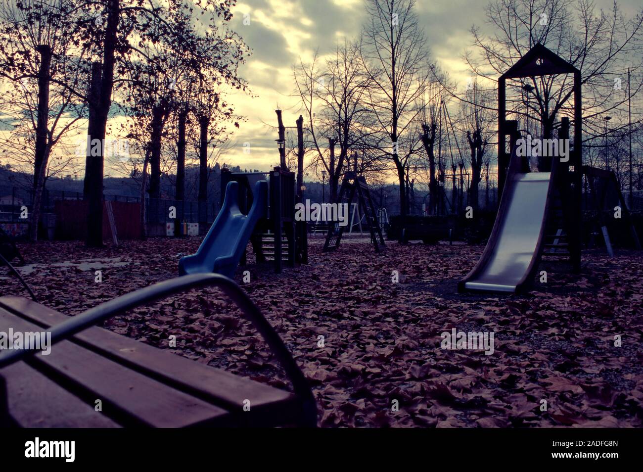 Walking down a public kids playground of a little town in the ...