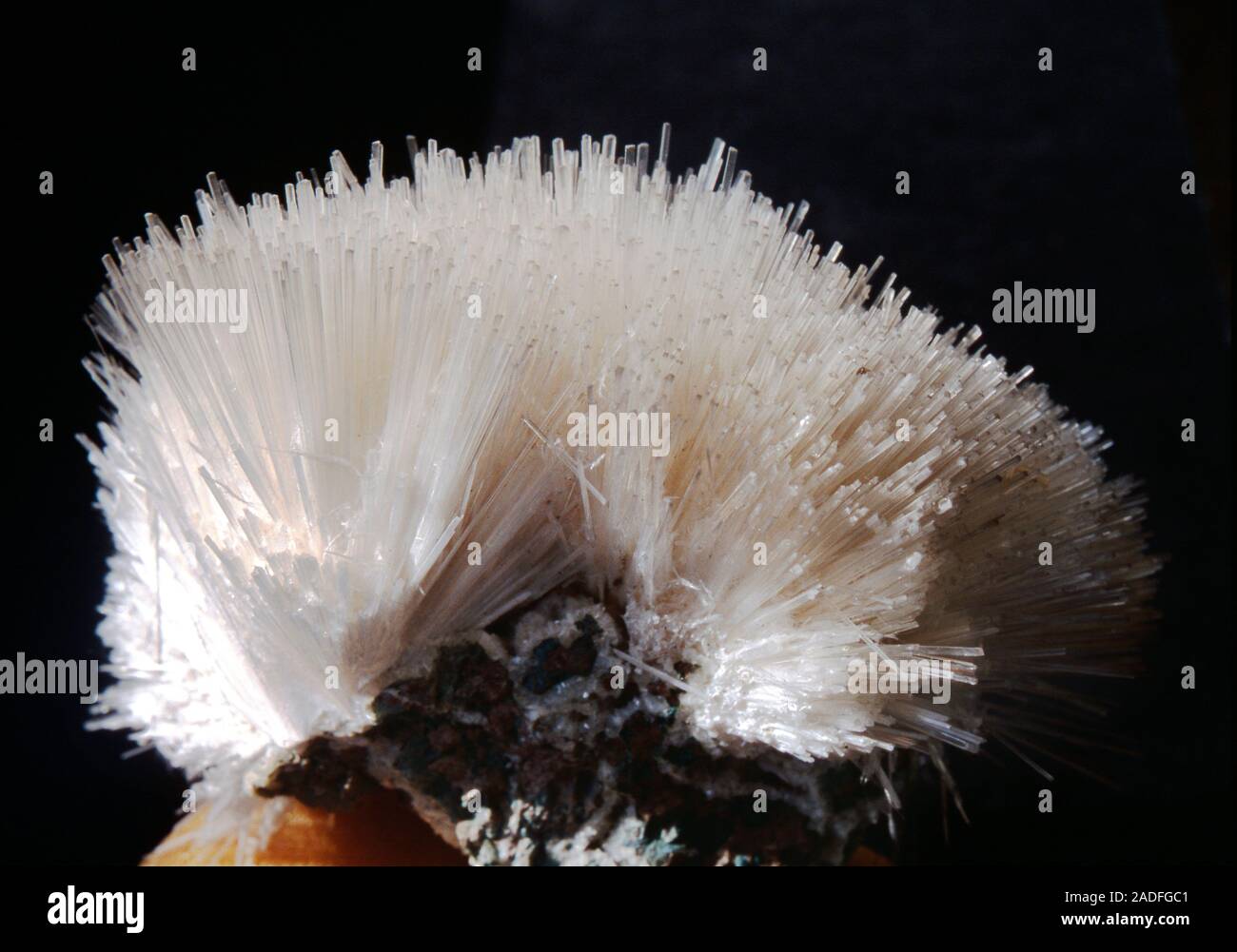 Natrolite crystals. Slender, radiating crystal needles (white) of the ...