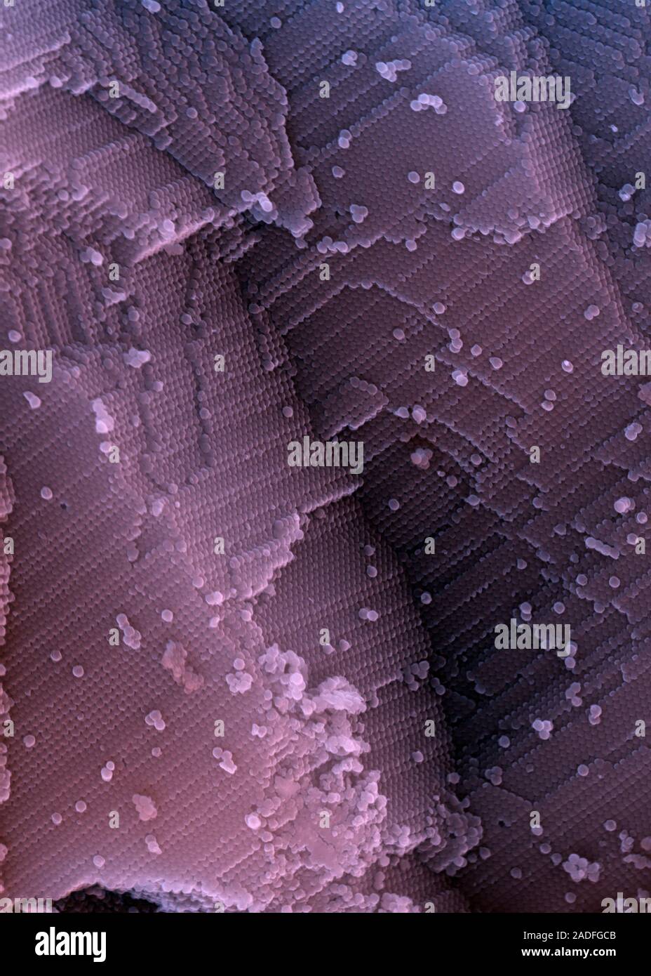 Ruby. Coloured scanning electron micrograph (SEM) of artificially grown ...