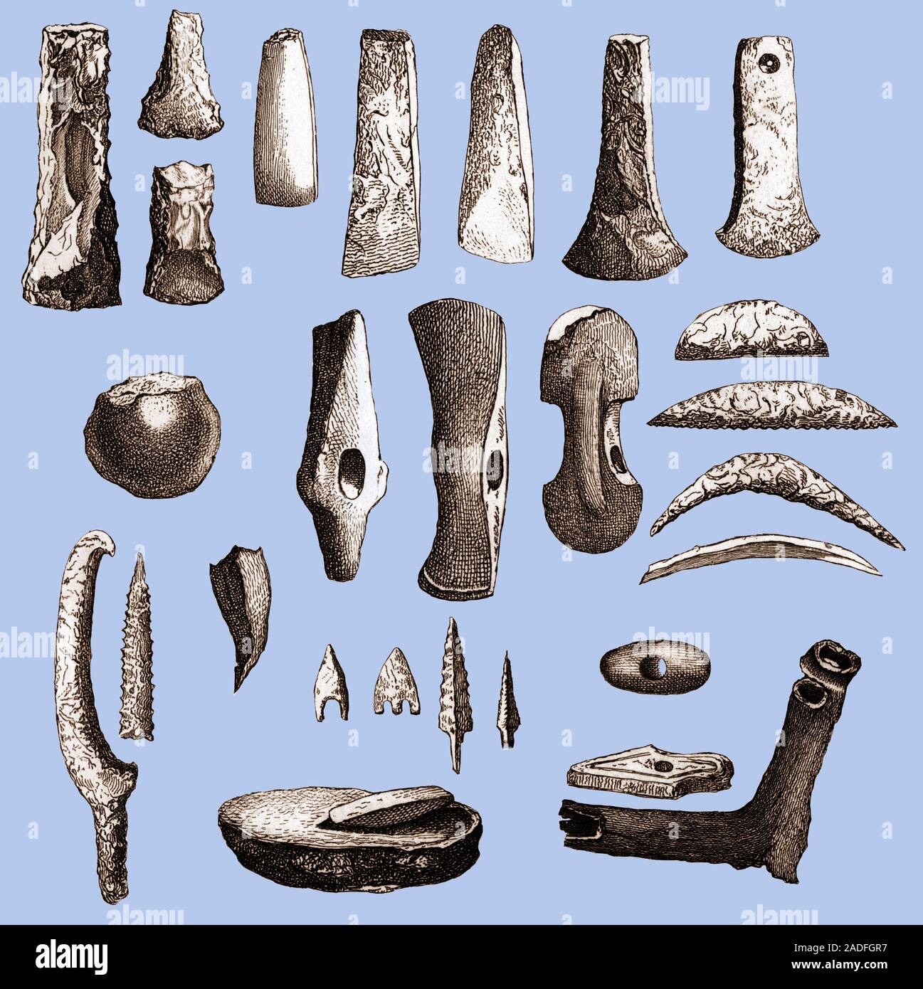 Prehistoric stone tools. Assorted tools used by prehistoric man, There ...