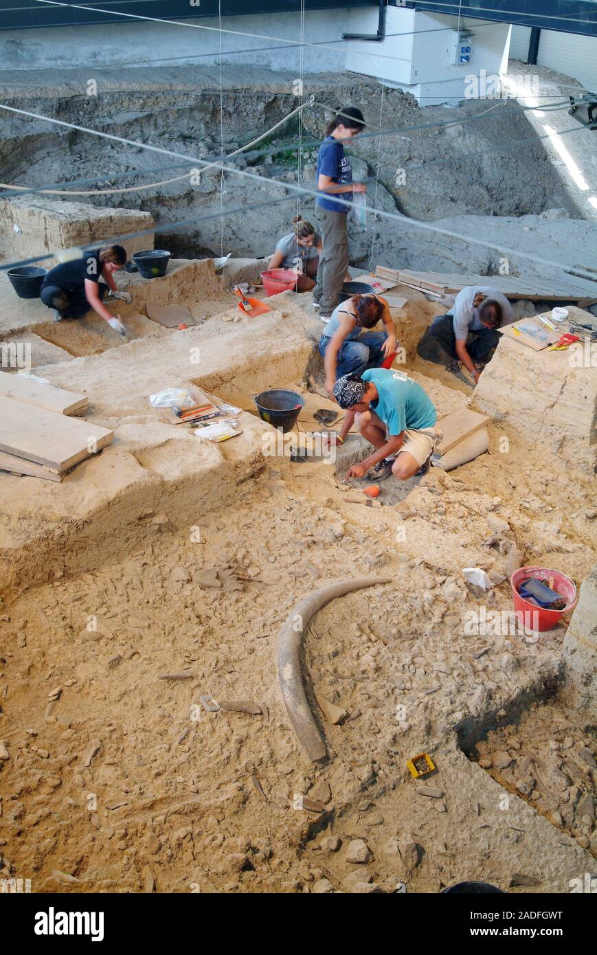 Excavation of a prehistoric site. Archaeologists excavating the ...