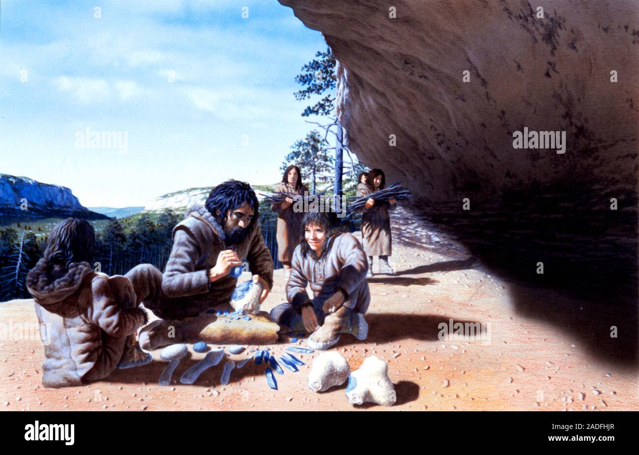 Stone age manufacture of Solutrean tools, illustration. People of the ...