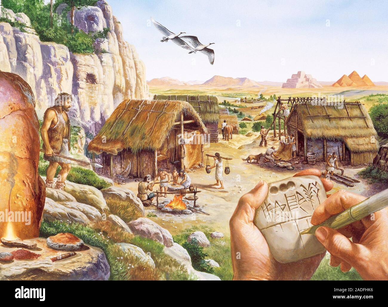 Neolithic settlement. Artwork of what a human settlement may have ...