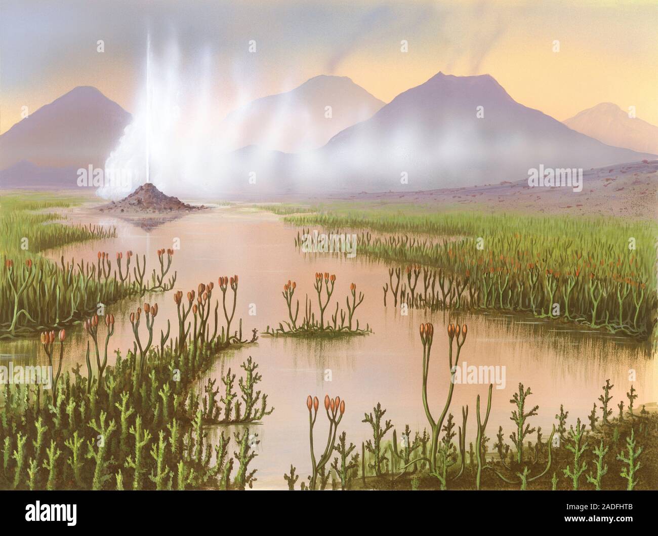 Silurian landscape. Artwork of wetland plants, geysers and volcanoes ...