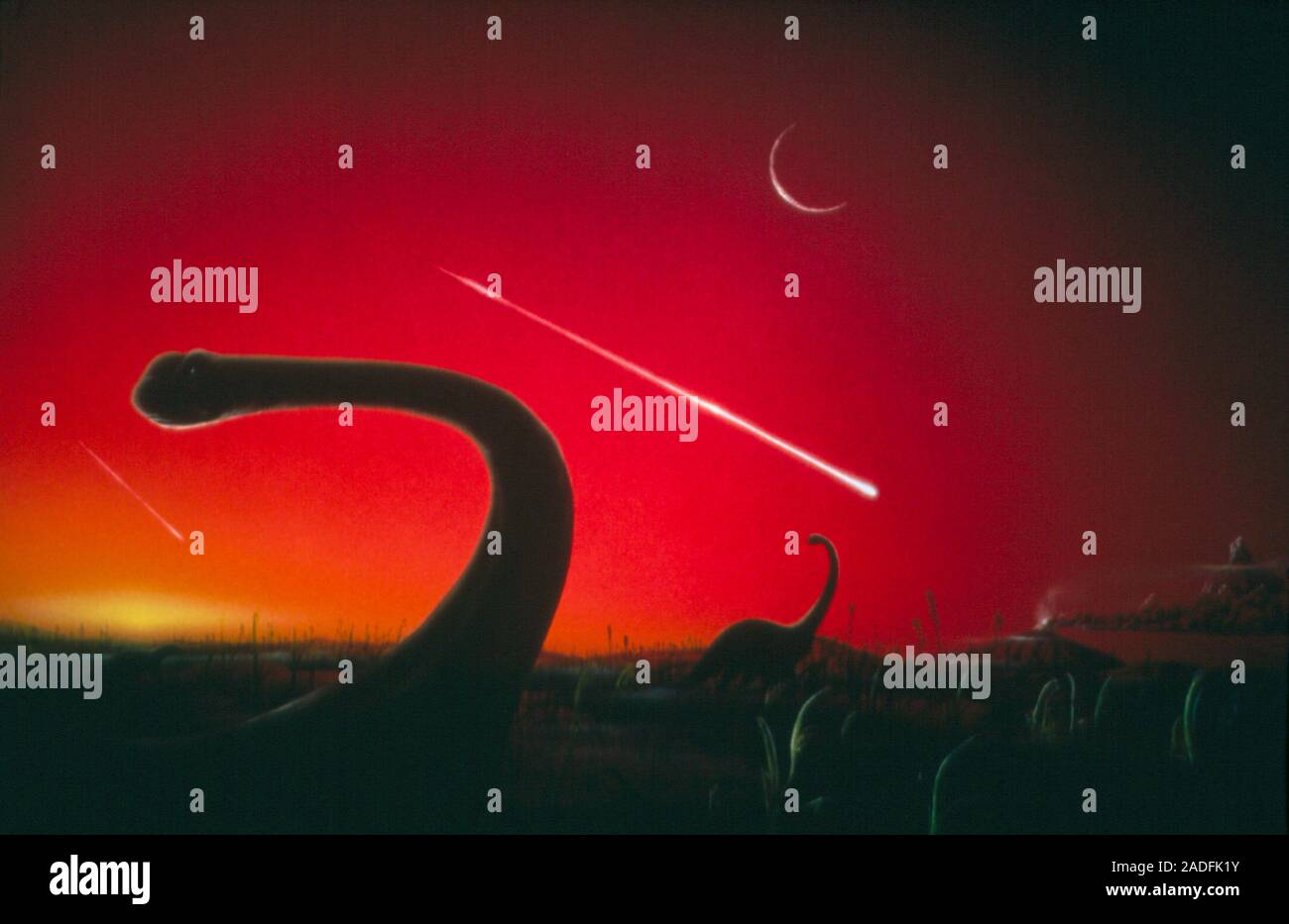 Painting of brontosaurus-like dinosaurs, with meteors falling to Earth ...