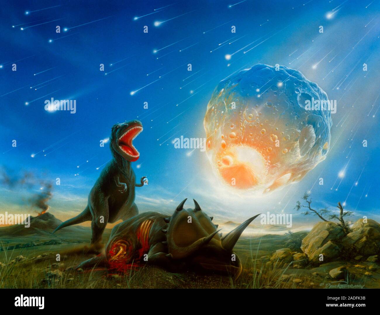 Death of the dinosaurs. Artwork of the dinosaur Tyrannosaurus rex ...