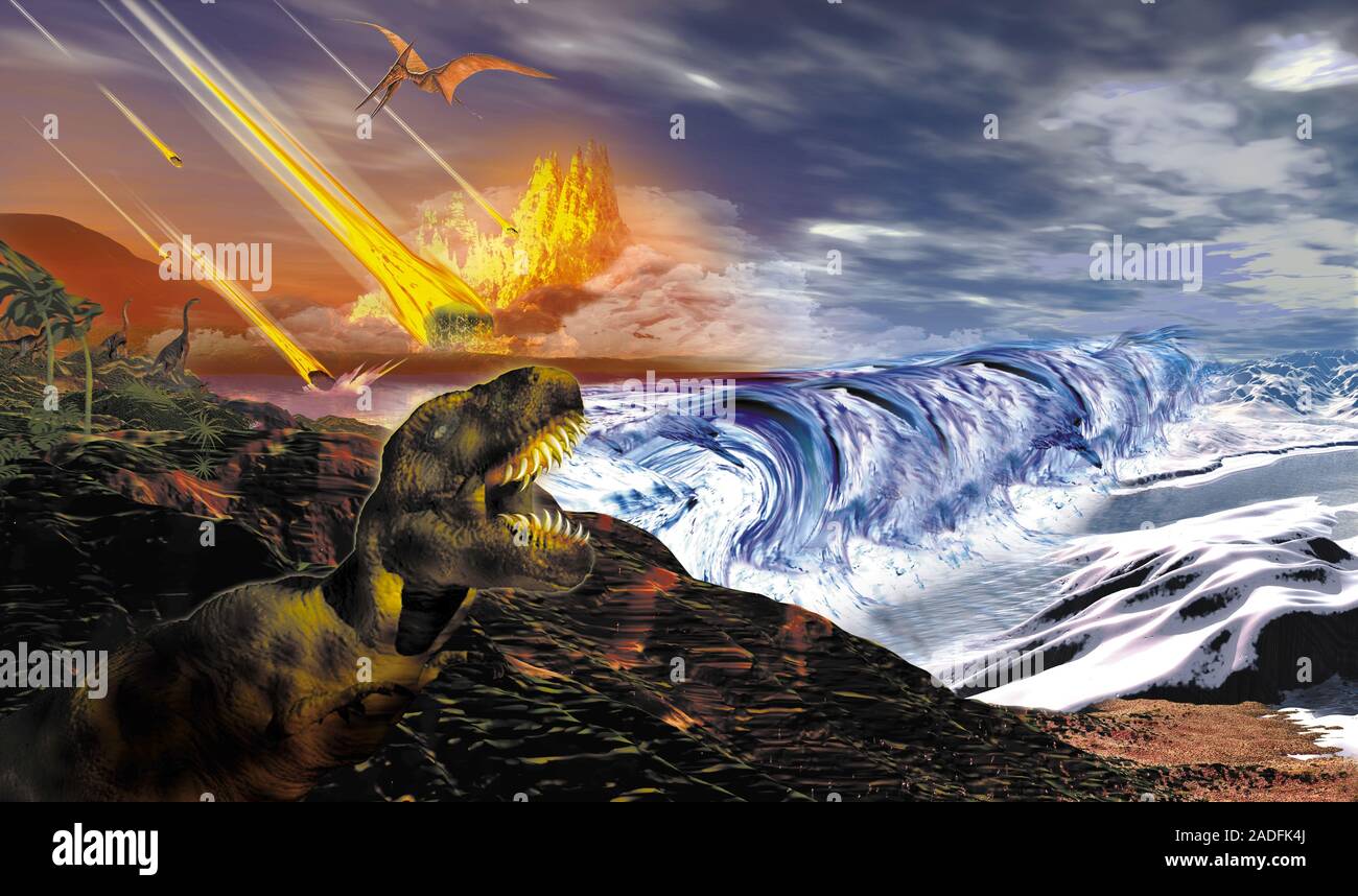 Dinosaur extinction. Computer illustration of dinosaurs watching ...