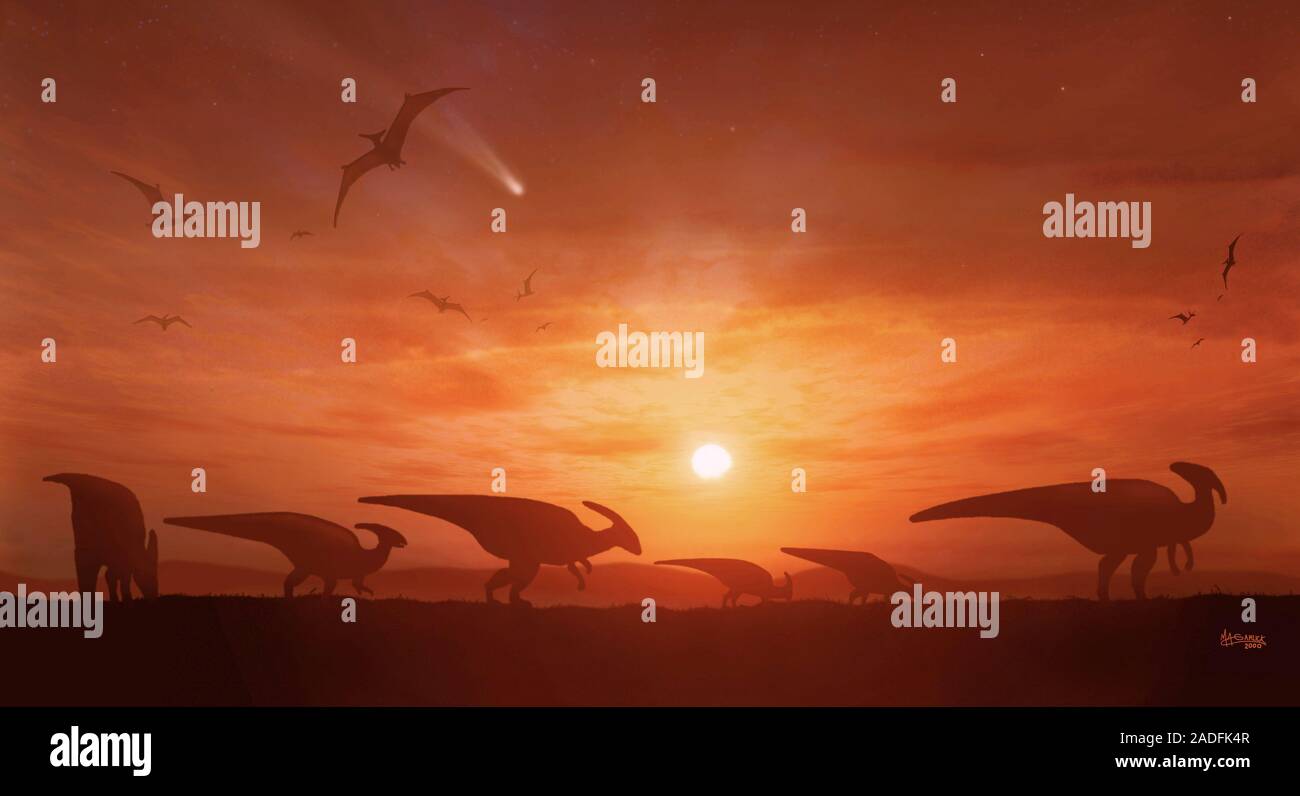 Dinosaur extinction. Artwork of dinosaurs beneath a comet display ...