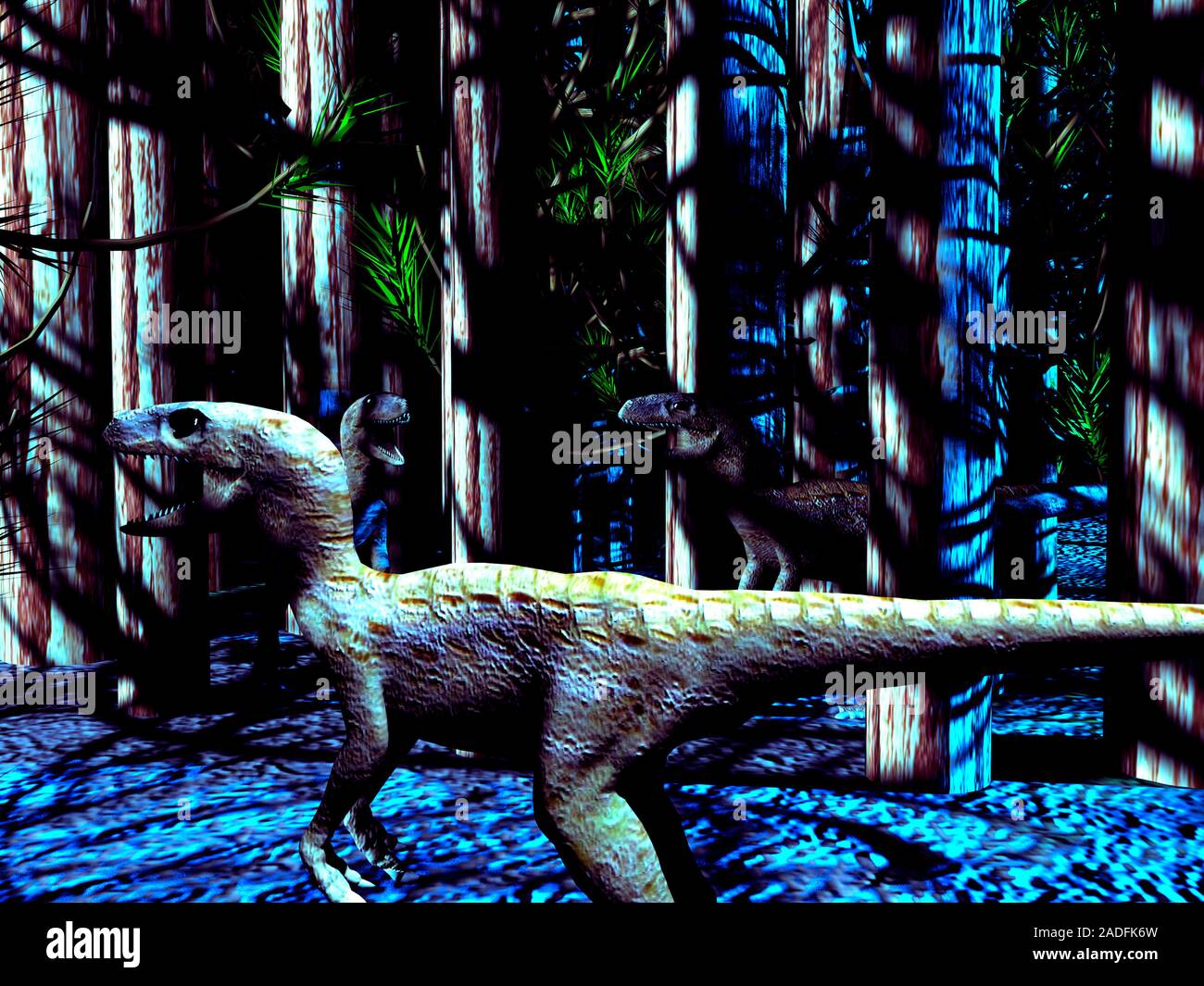 Raptor dinosaur. Computer artwork of a raptor dinosaur in a forest in ...