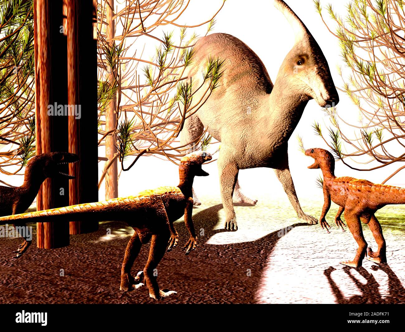 Raptor dinosaur attack. Computer artwork of small raptor dinosaurs ...