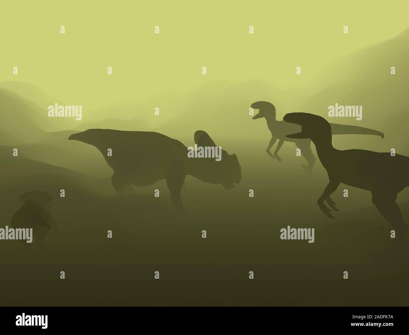 Protoceratops Dinosaur Left Defending Its Young Against Two Raptor Dinosaurs Computer Artwork