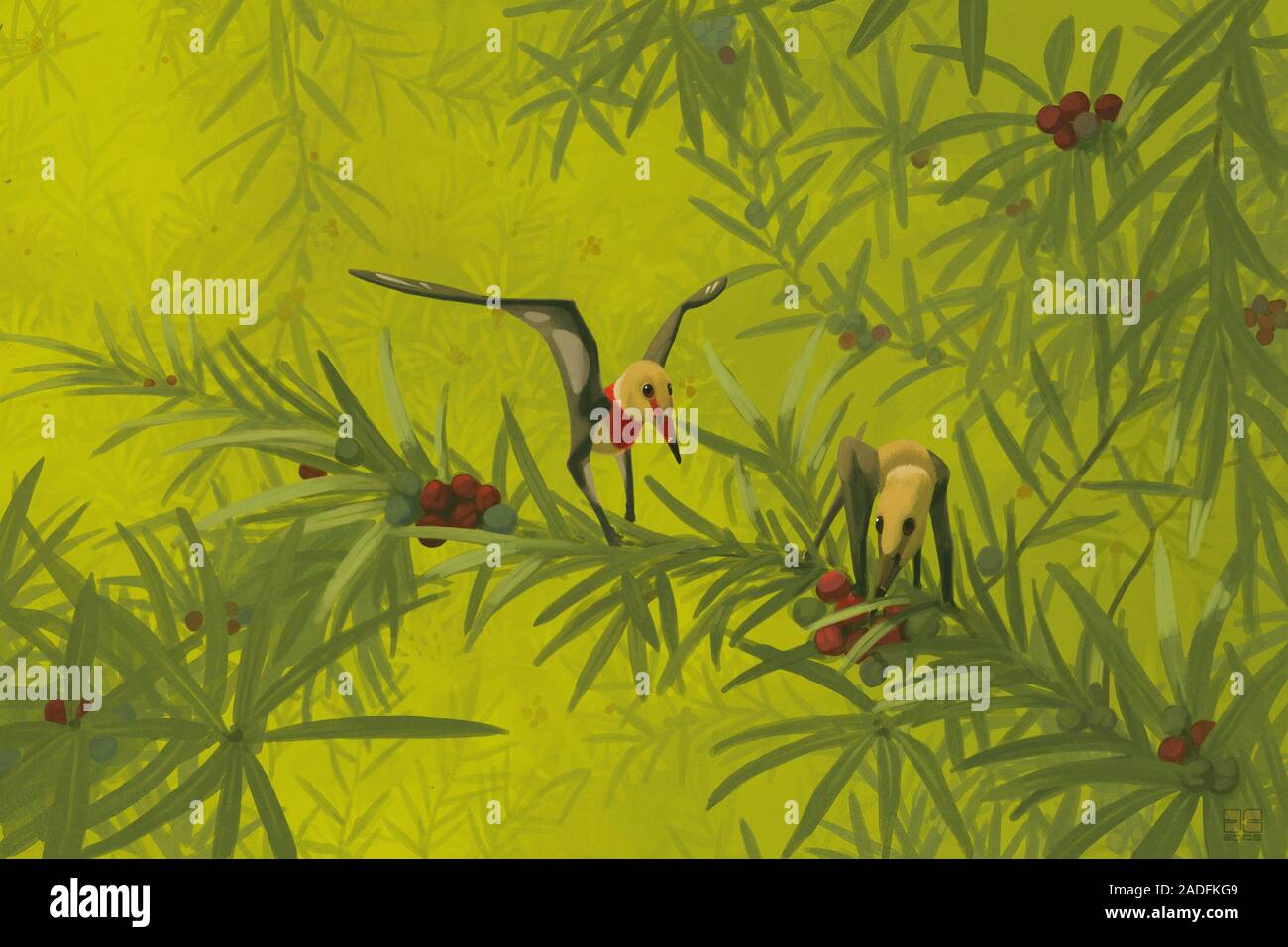 Pterosaurs (Nemicolopterus crypticus) perched on tree branches, artwork ...