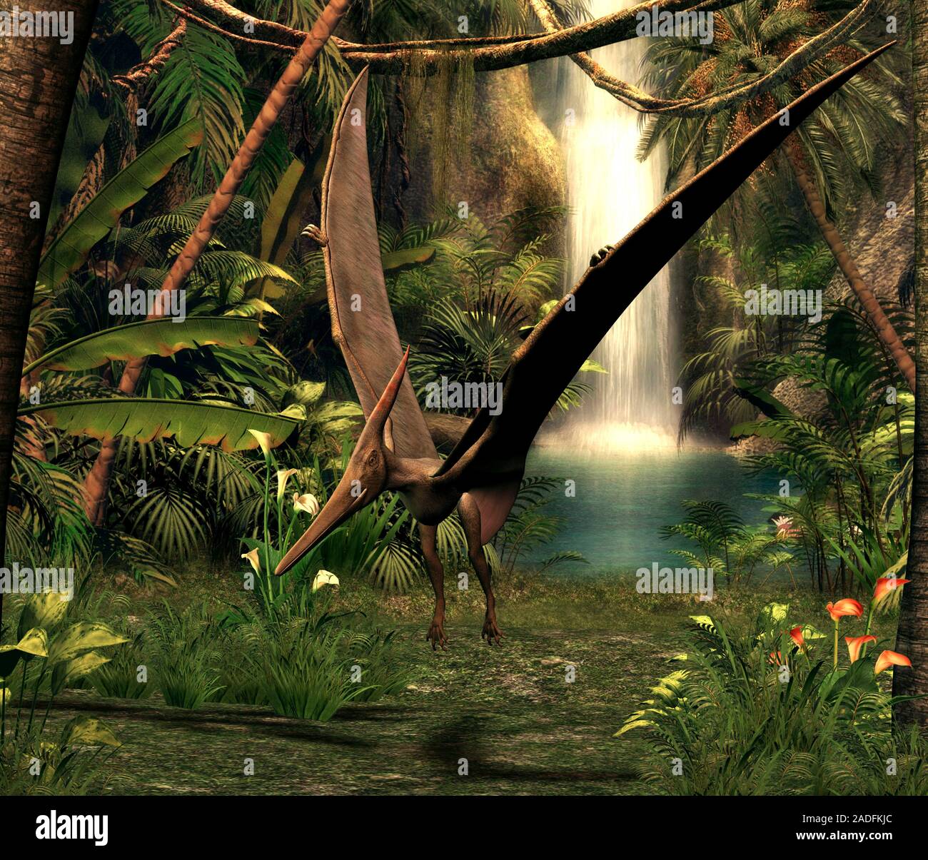 Pteranodon pterosaur landing in a forest, artwork. Pteranodon was a ...