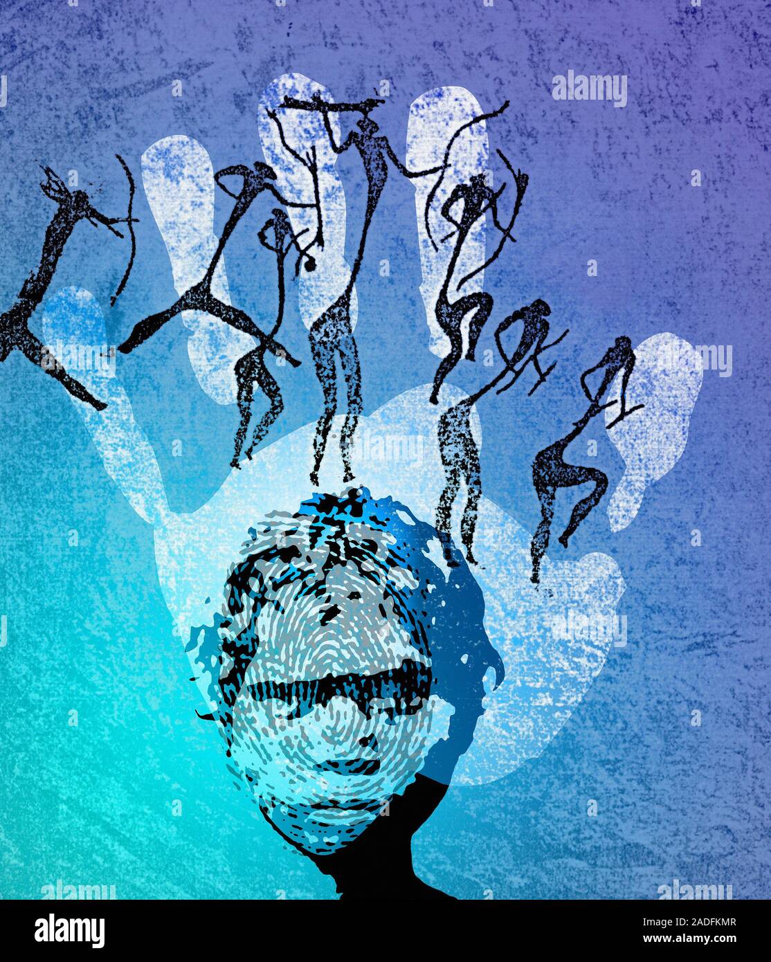 Rock painting. Computer illustration of a handprint, a fingerprint and ...