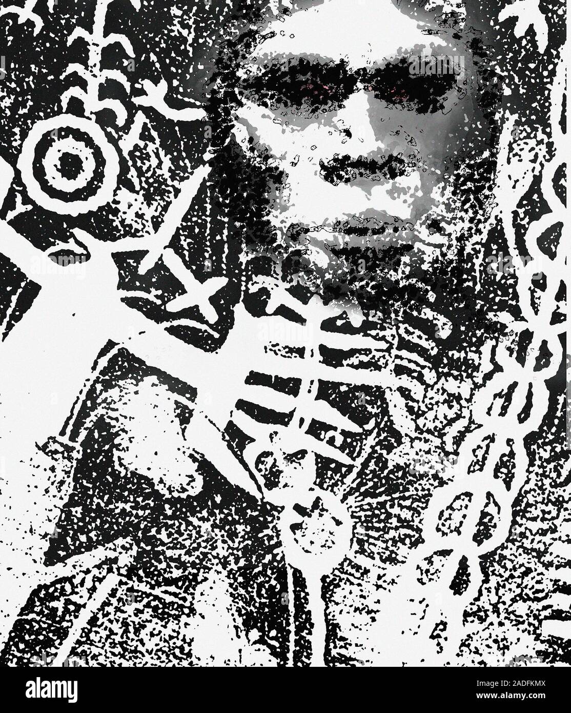 Rock painting. Computer illustration of a neanderthal-like face and a ...