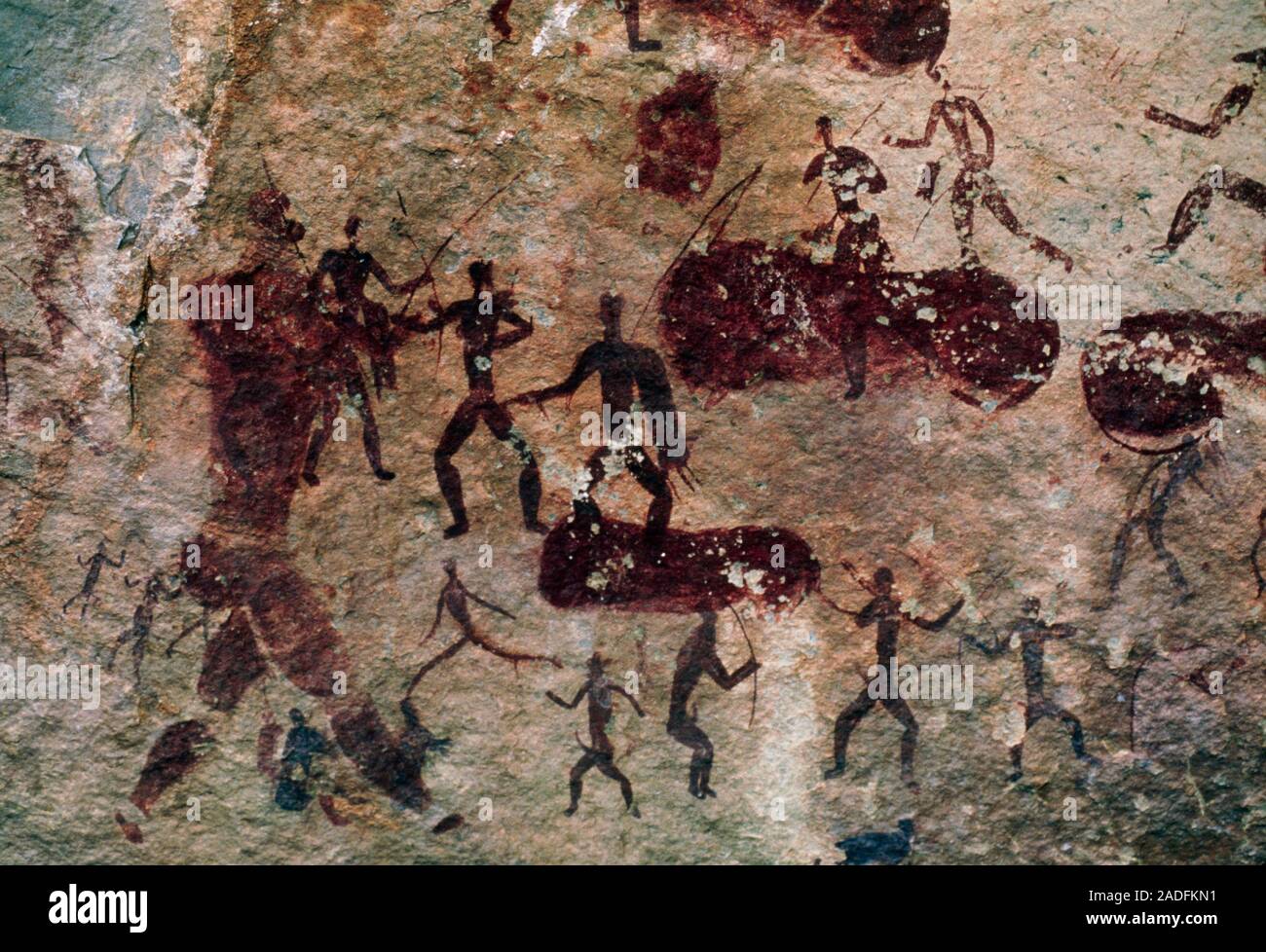 San rock art depicting a hunting scene. The San people (also known as ...