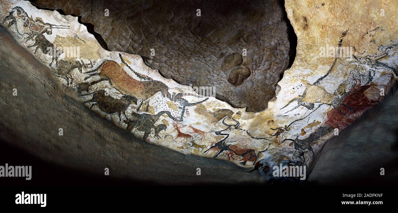 Cave paintings. This is the Great Hall of the Bulls, in the Lascaux ...