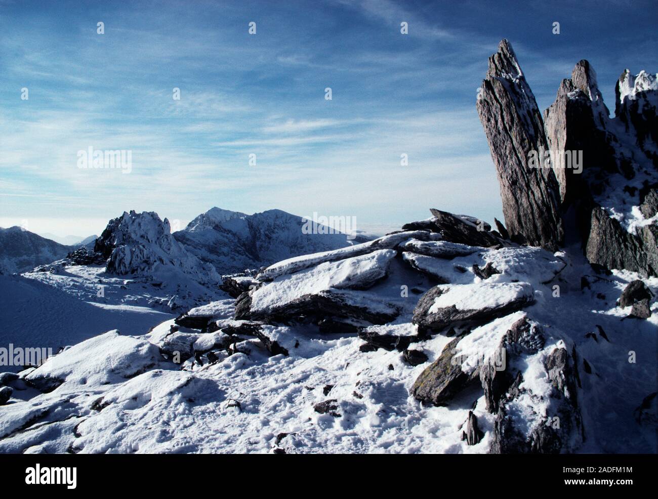 Frost-shattered rocks atop the peak of Glyder Fach in Snowdonia ...