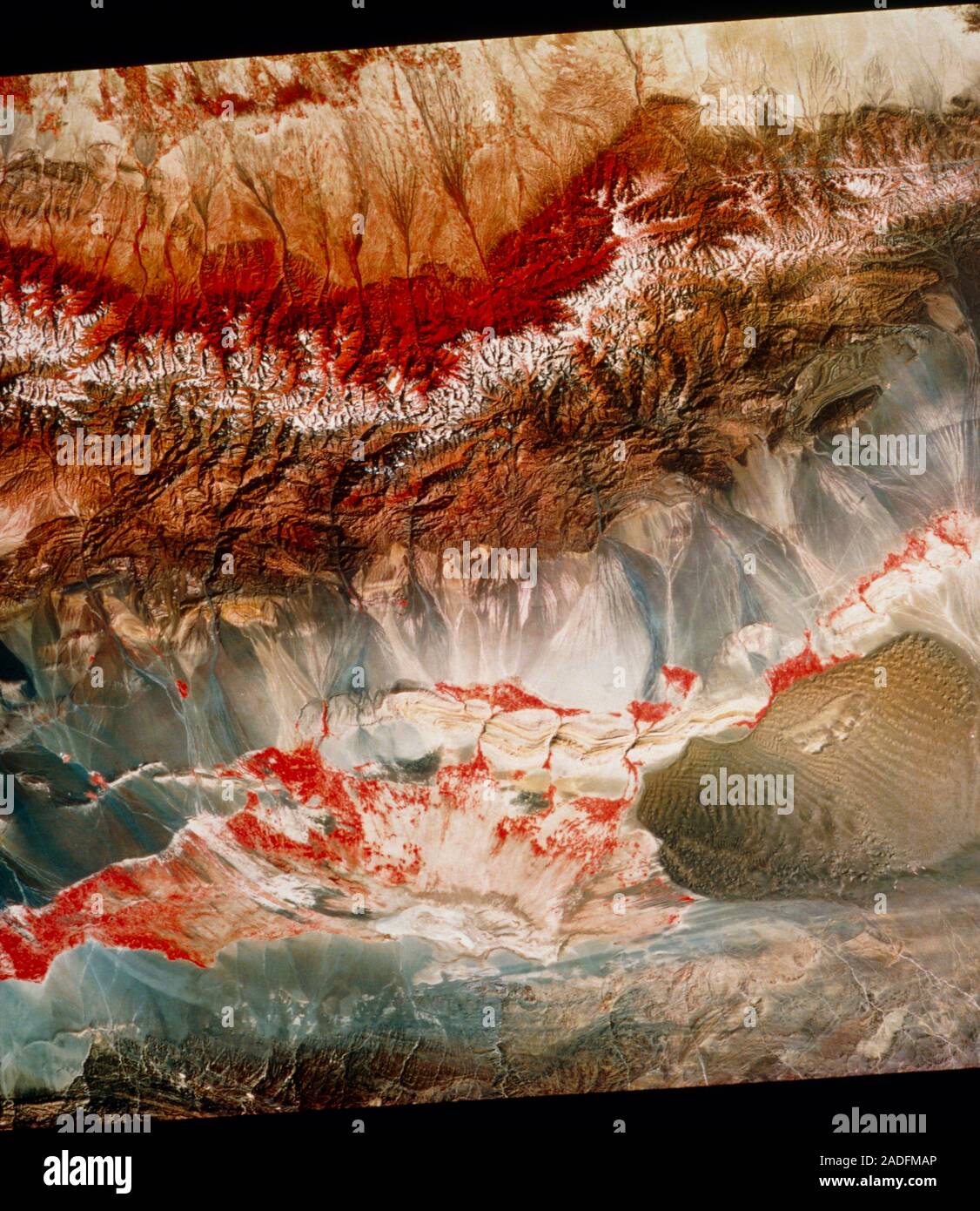 Landsat image of the Turfan Depression (grey at bottom) in western ...