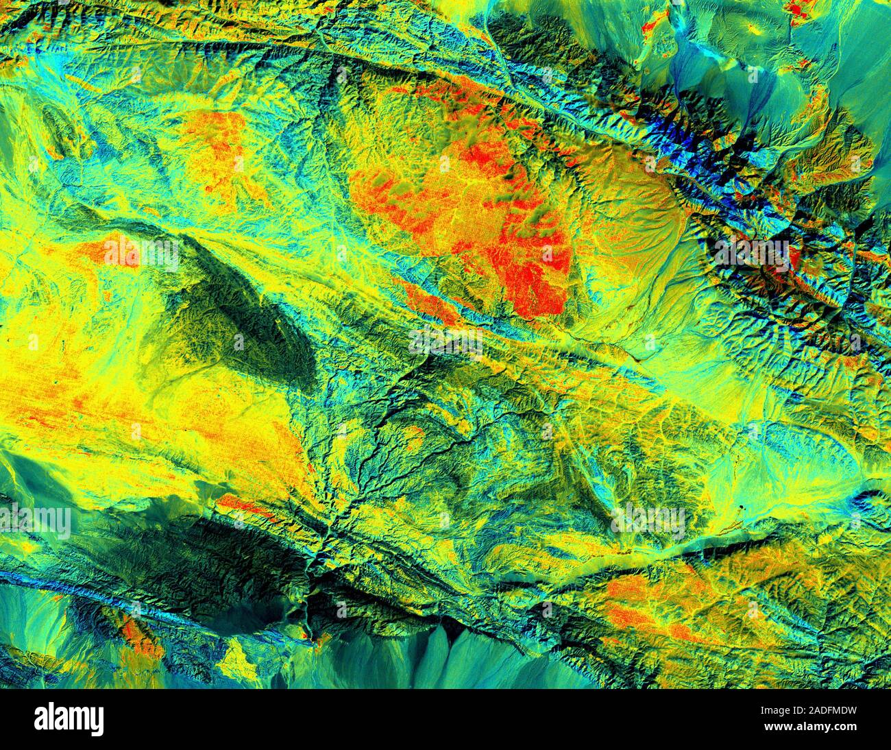 Mountain range. Coloured Landsat satellite image of a mountain range in ...