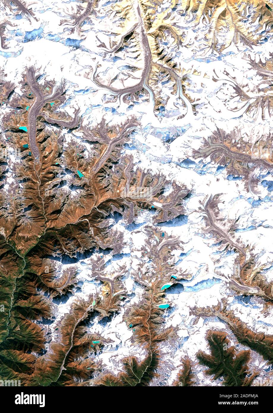 Mount Everest, satellite image. North is at top. Mount Everest is the ...