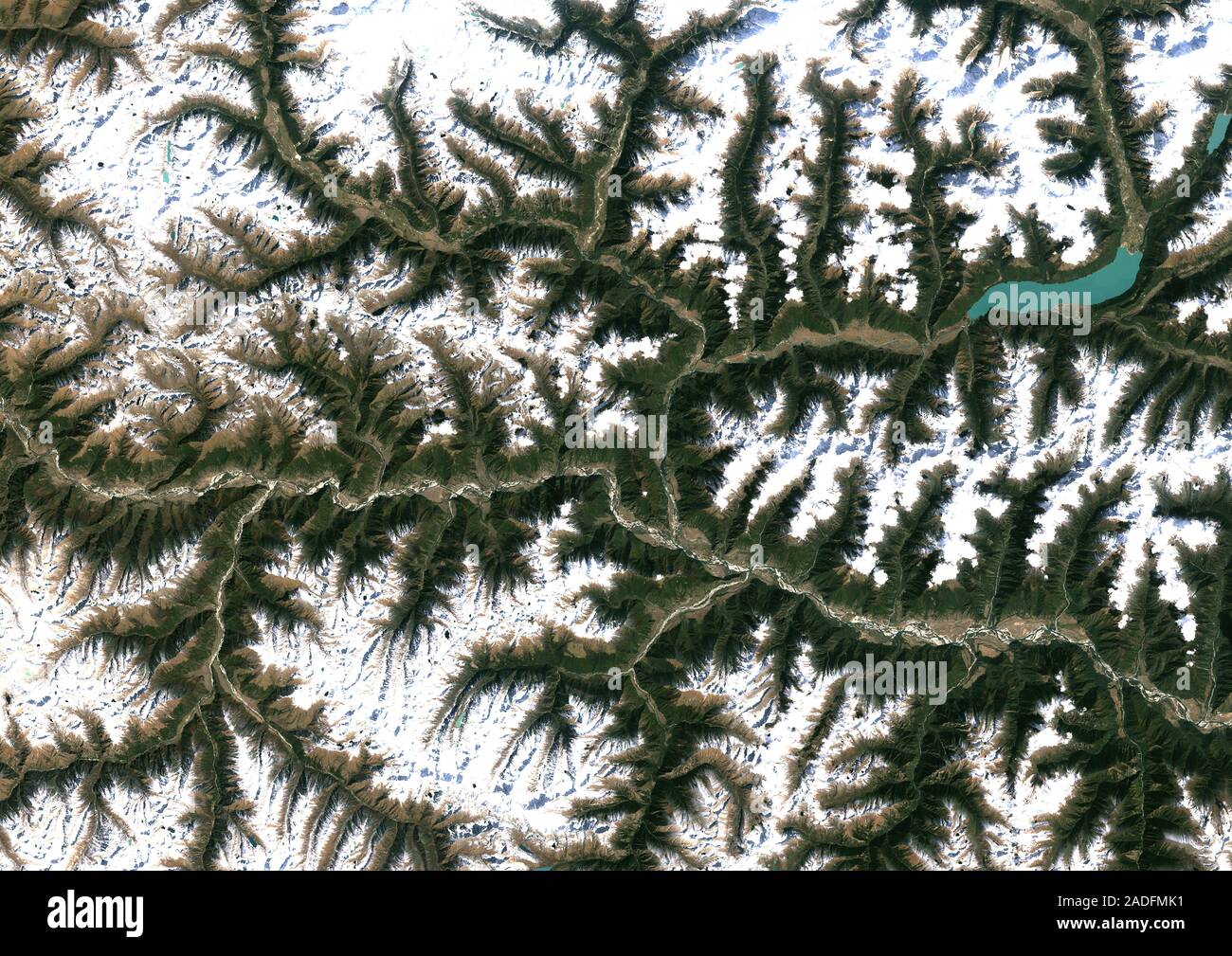 Eastern Himalayas, satellite image. North is at top. Snow and cloud ...
