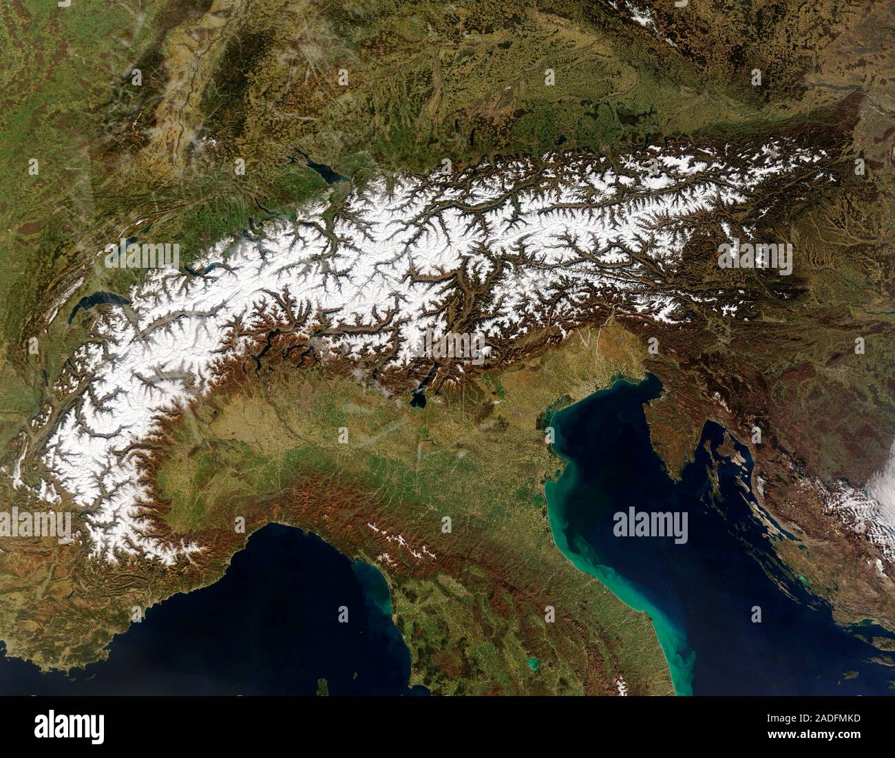 The Alps, true colour satellite image. North is at top. Vegetation is ...
