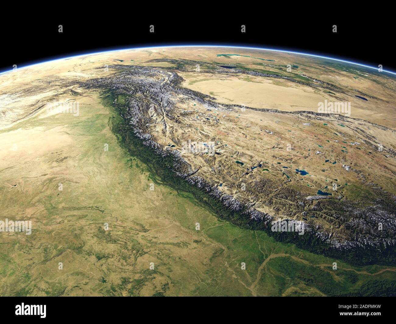 Himalayas, 3D computer artwork, viewed at an altitude of 2829 ...
