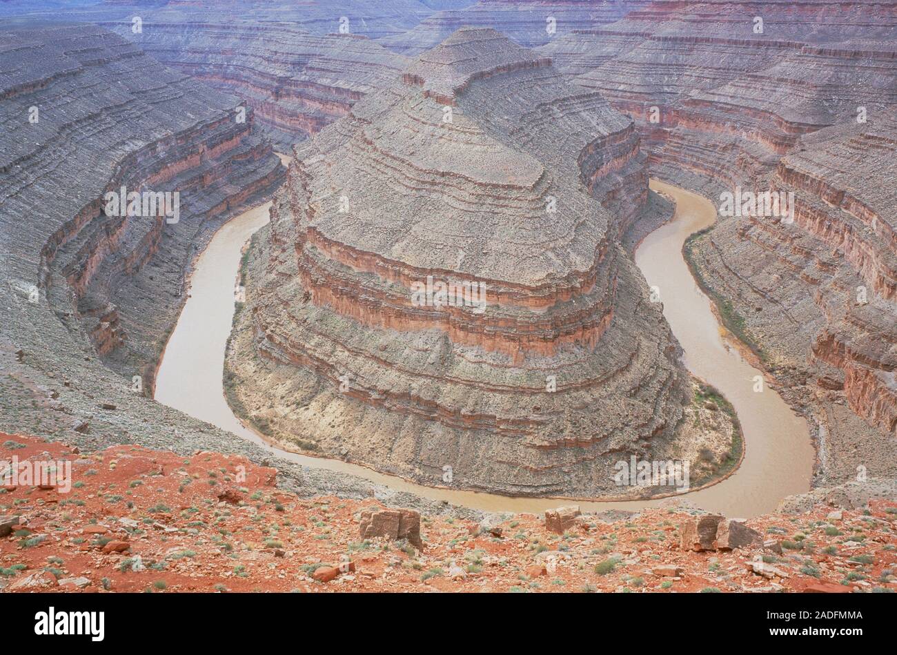 Entrenched meander. View across a canyon, showing a highly curved path ...