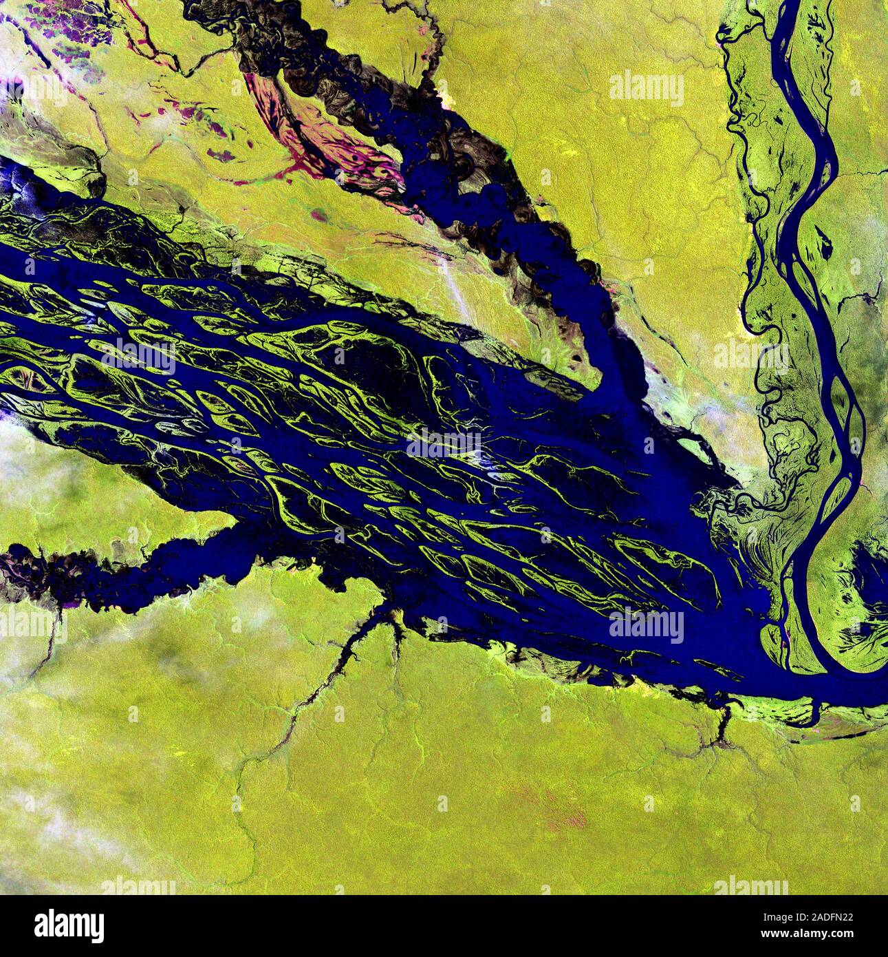 Amazon Basin river, satellite image. North is at top. Water is blue ...