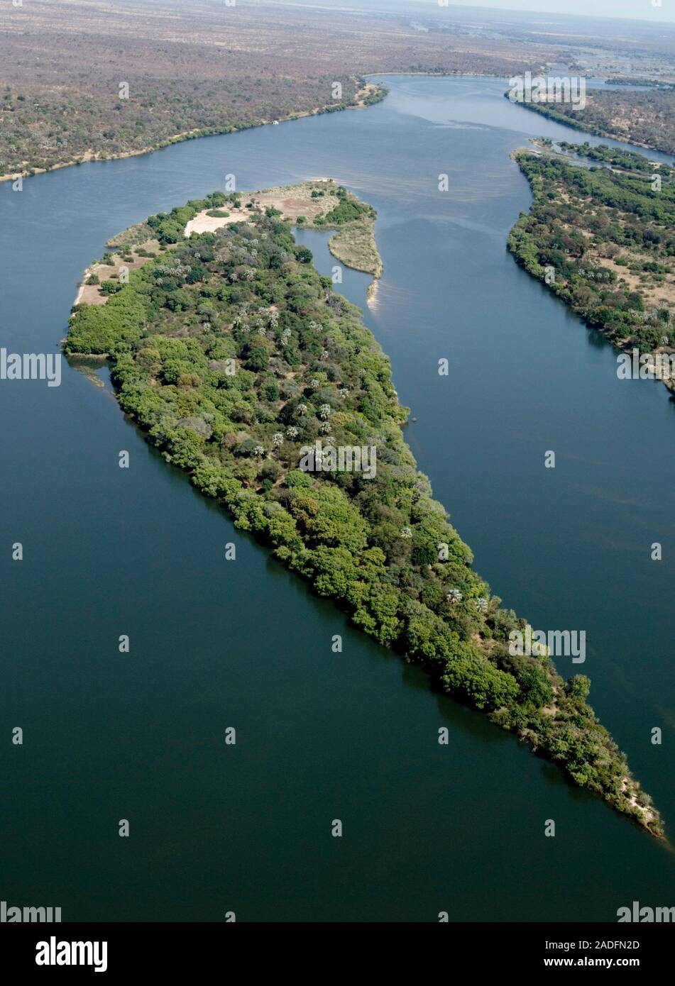 Island on the Zambezi river, aerial photograph. This island is upstream ...