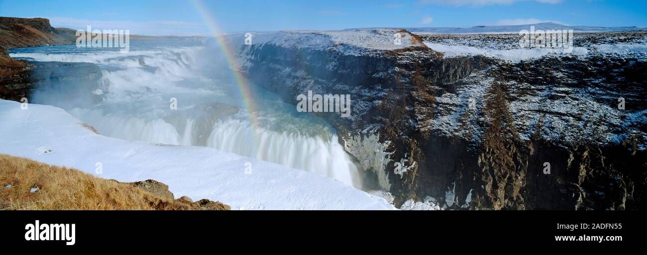 Gullfoss Falls (Golden Waterfall), Iceland, with a rainbow. This double ...