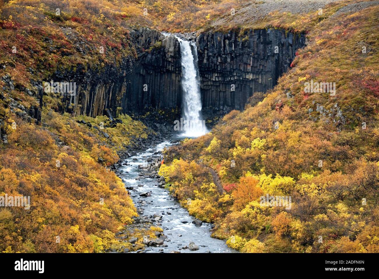 Waterfall and basalt rock. Waterfall flowing over close-packed ...