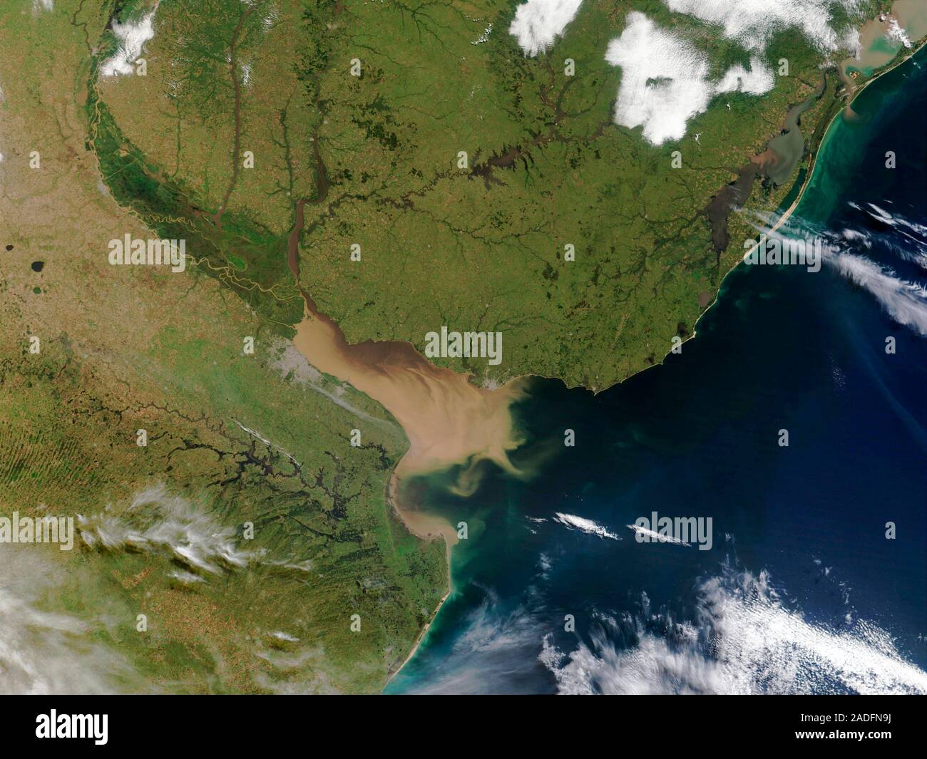 River Plate estuary. Satellite image showing sedimentation (brown) in ...