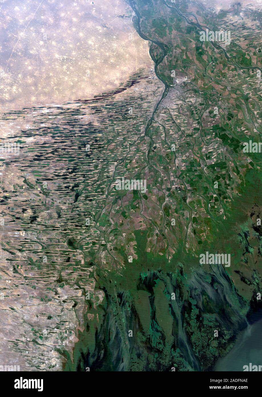 Volga Delta, Russia, satellite image. North is at top. Water is blue ...