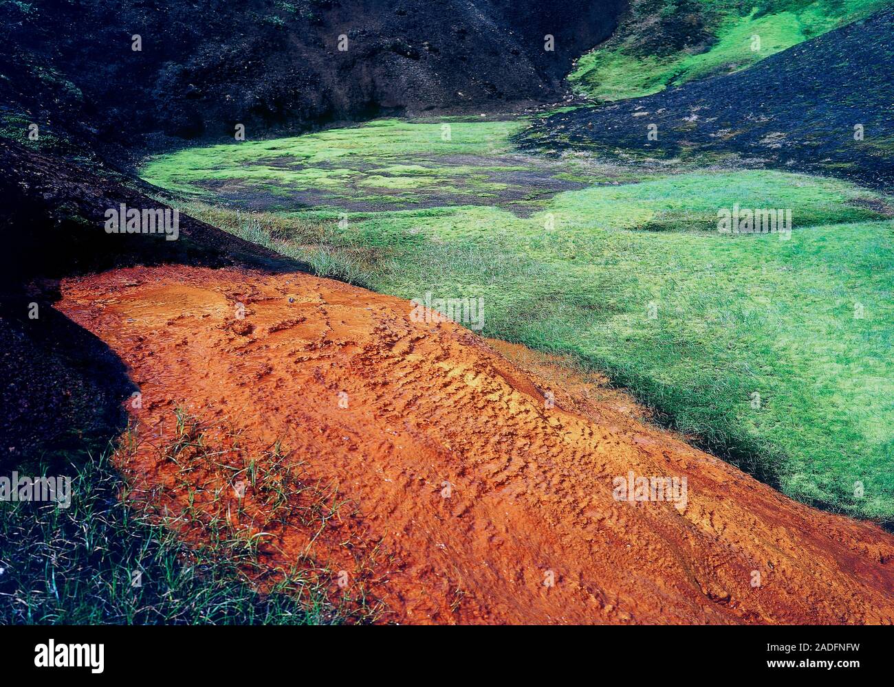 Iron-rich spring. Travertine deposits (orange) around a natural spring ...