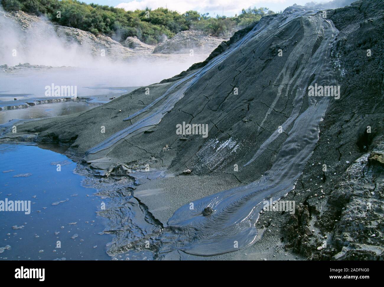 Hot mud flow at a geothermal spring. This miniature flow of boiling mud ...