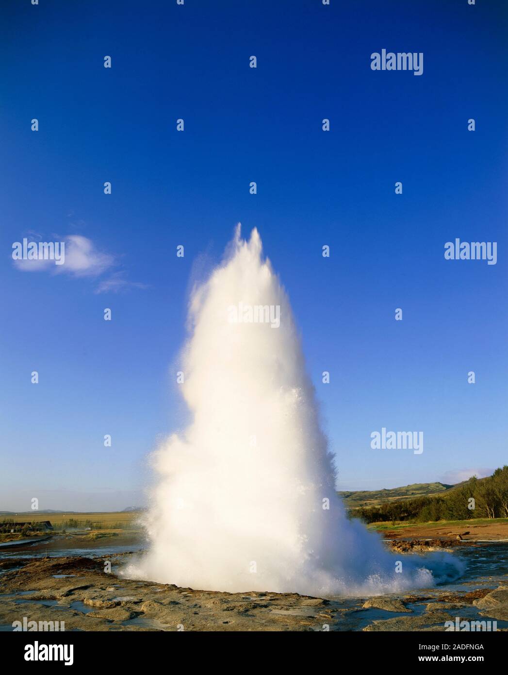 Geyser erupting. A geyser is a deep natural well in a geothermal rock ...