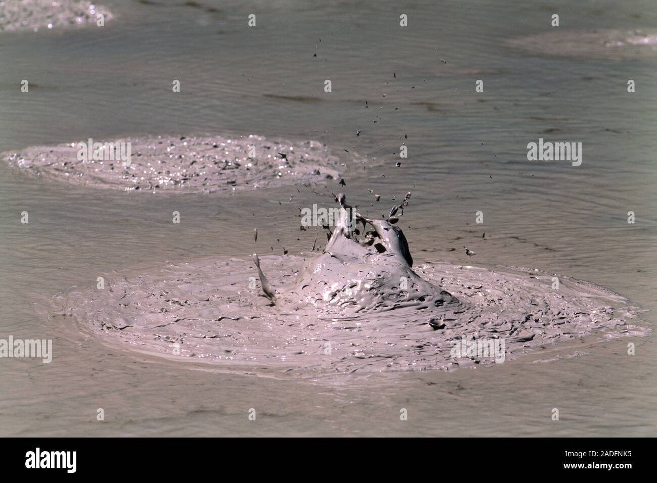 Geothermal mud pool. Eruption of volcanic gases and steam from a mud ...