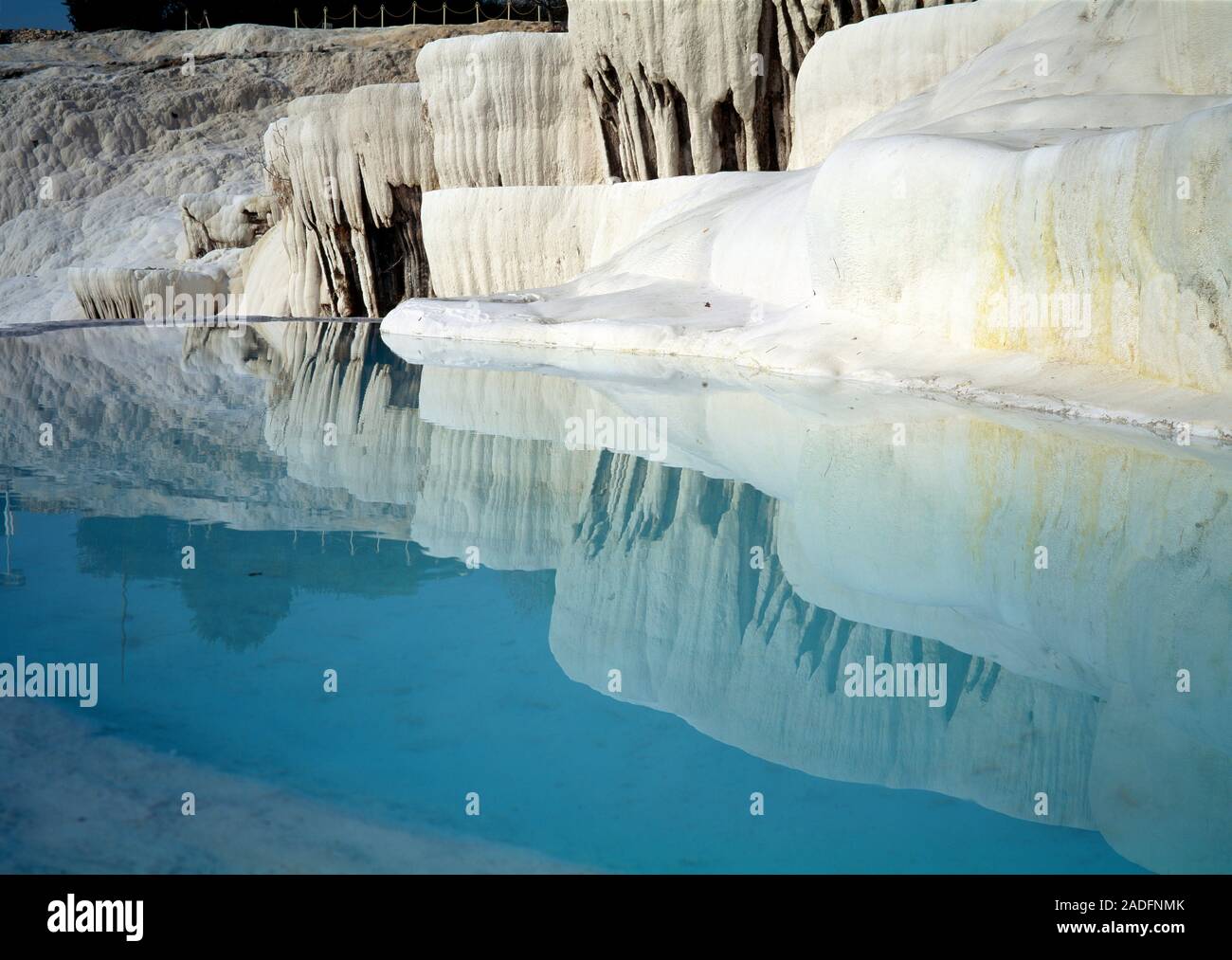 Geothermal limestone terrace. The white deposits are limestone ...