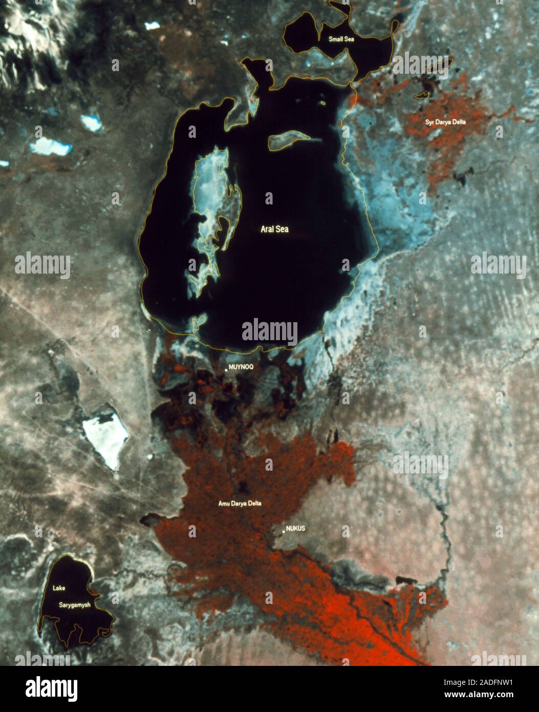 Aral Sea. Infrared satellite image of the inland Aral Sea, with a ...