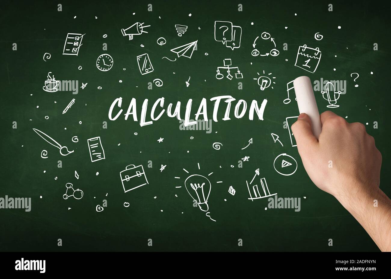 Hand drawing CALCULATION inscription with white chalk on blackboard ...