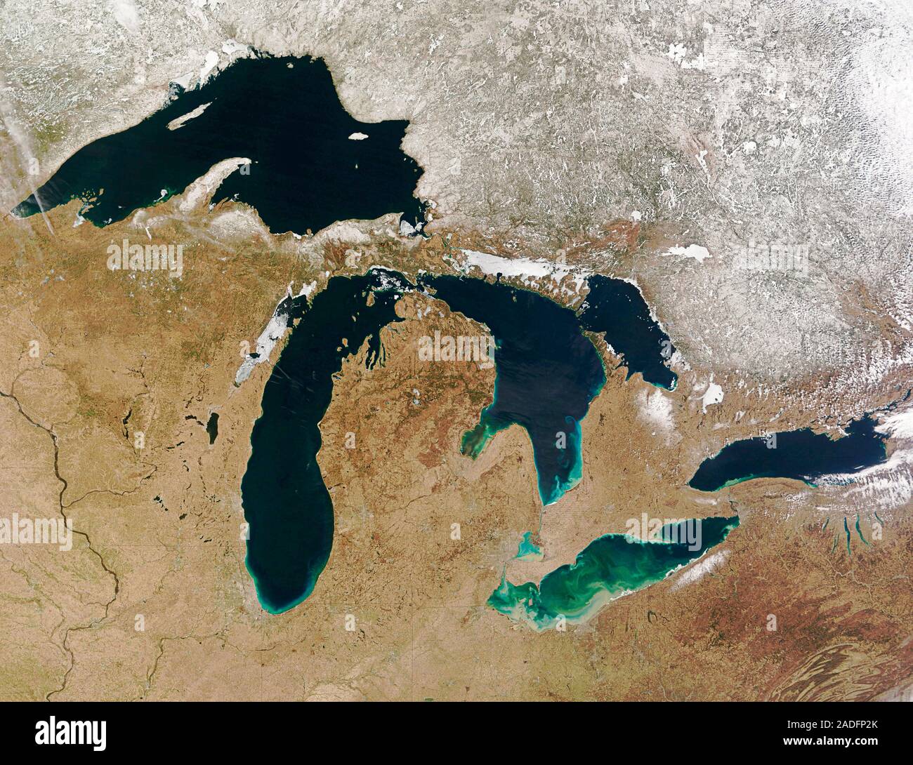 Great Lakes. Terra satellite image of the five Great Lakes on the USA ...