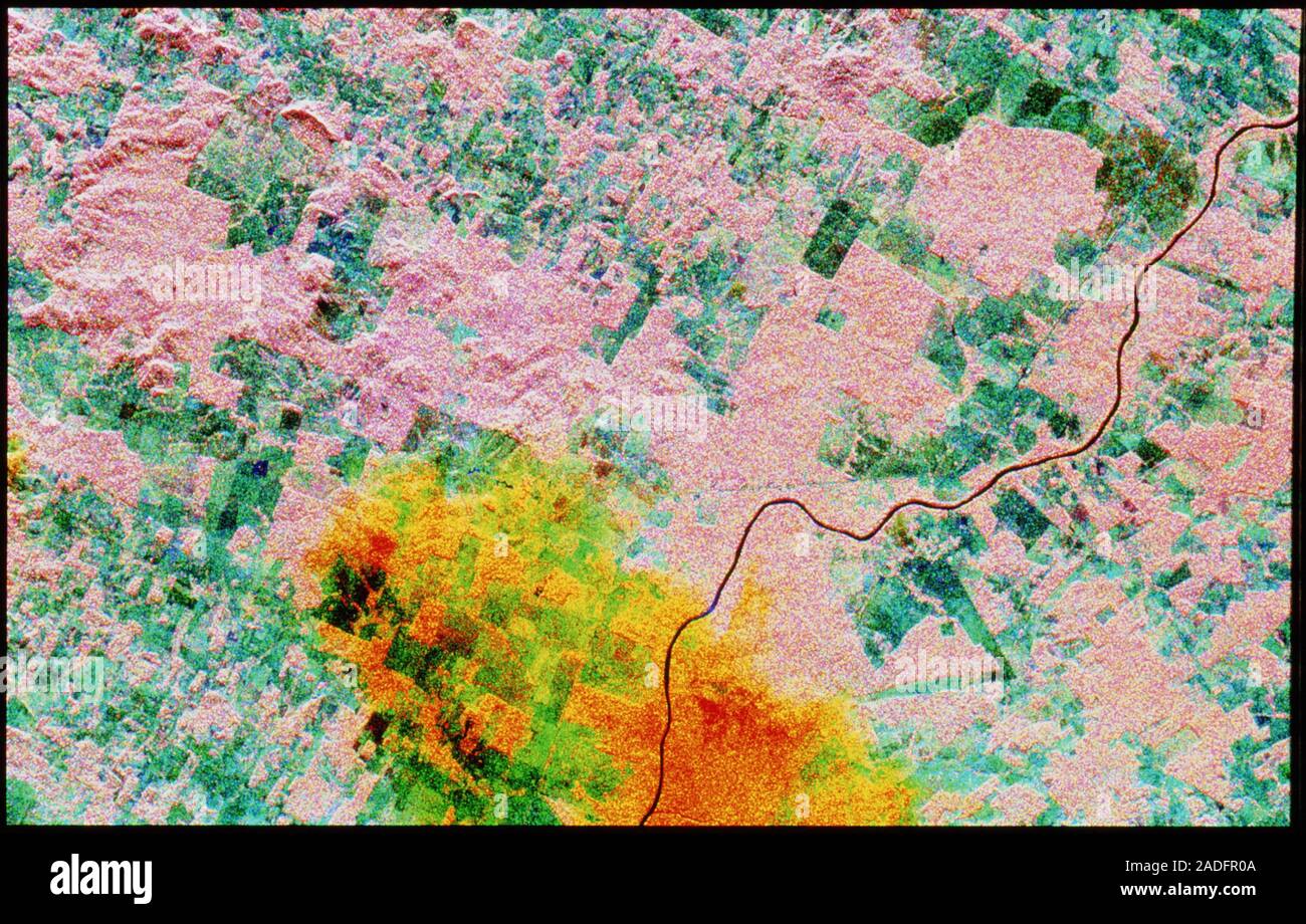 Deforestation. Coloured radar satellite image of areas of rainforest ...