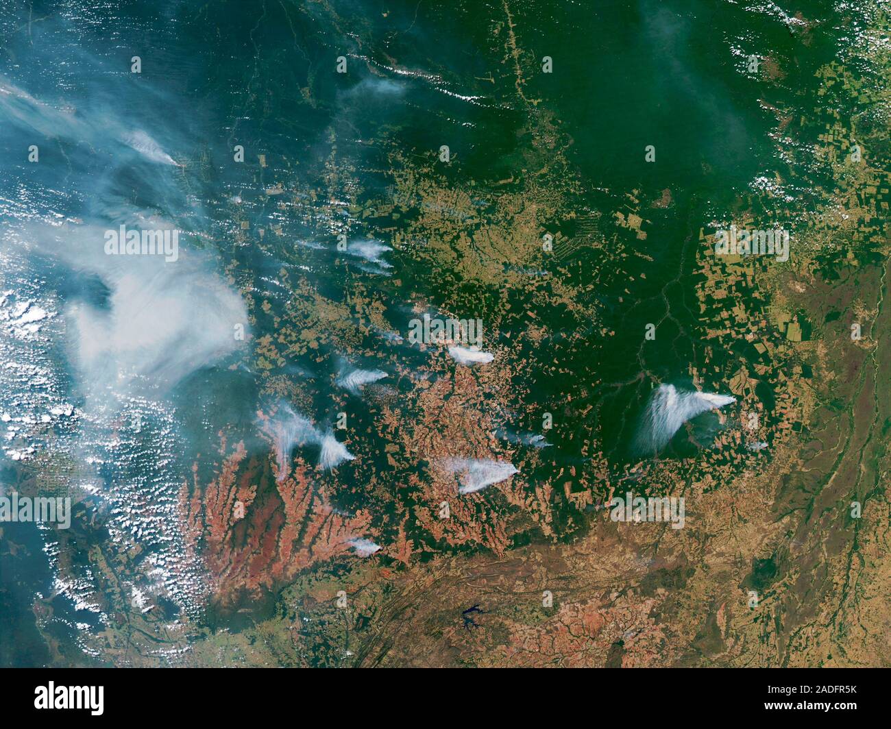 Amazon Basin forest fires from space. Smoke plumes (grey) drifting over ...