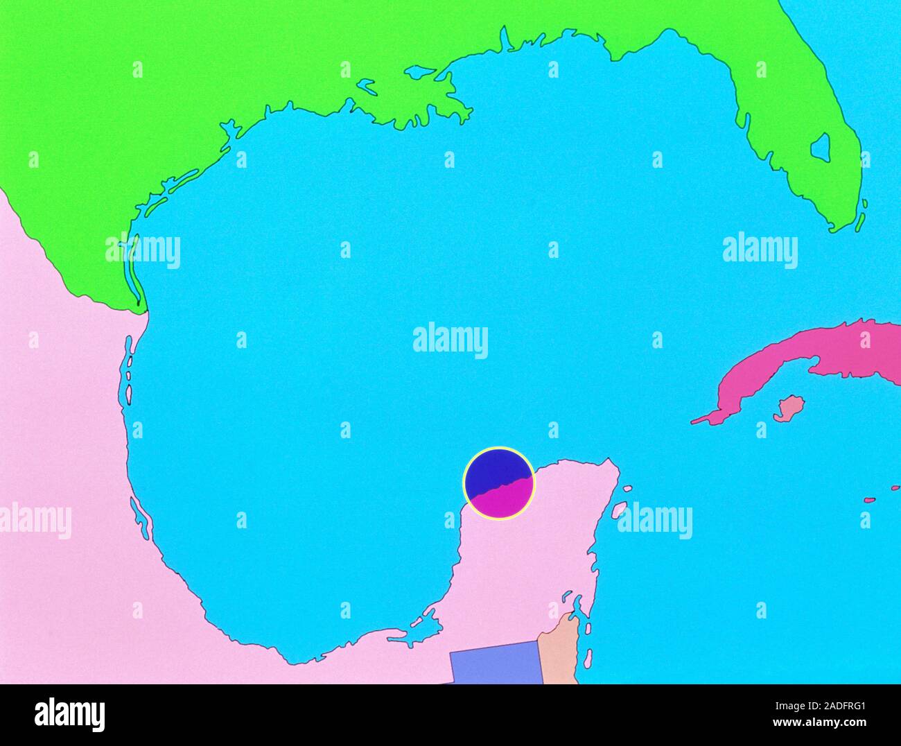 Chicxulub crater. Map showing the size and location of the Chicxulub impact crater, Mexico. The ...