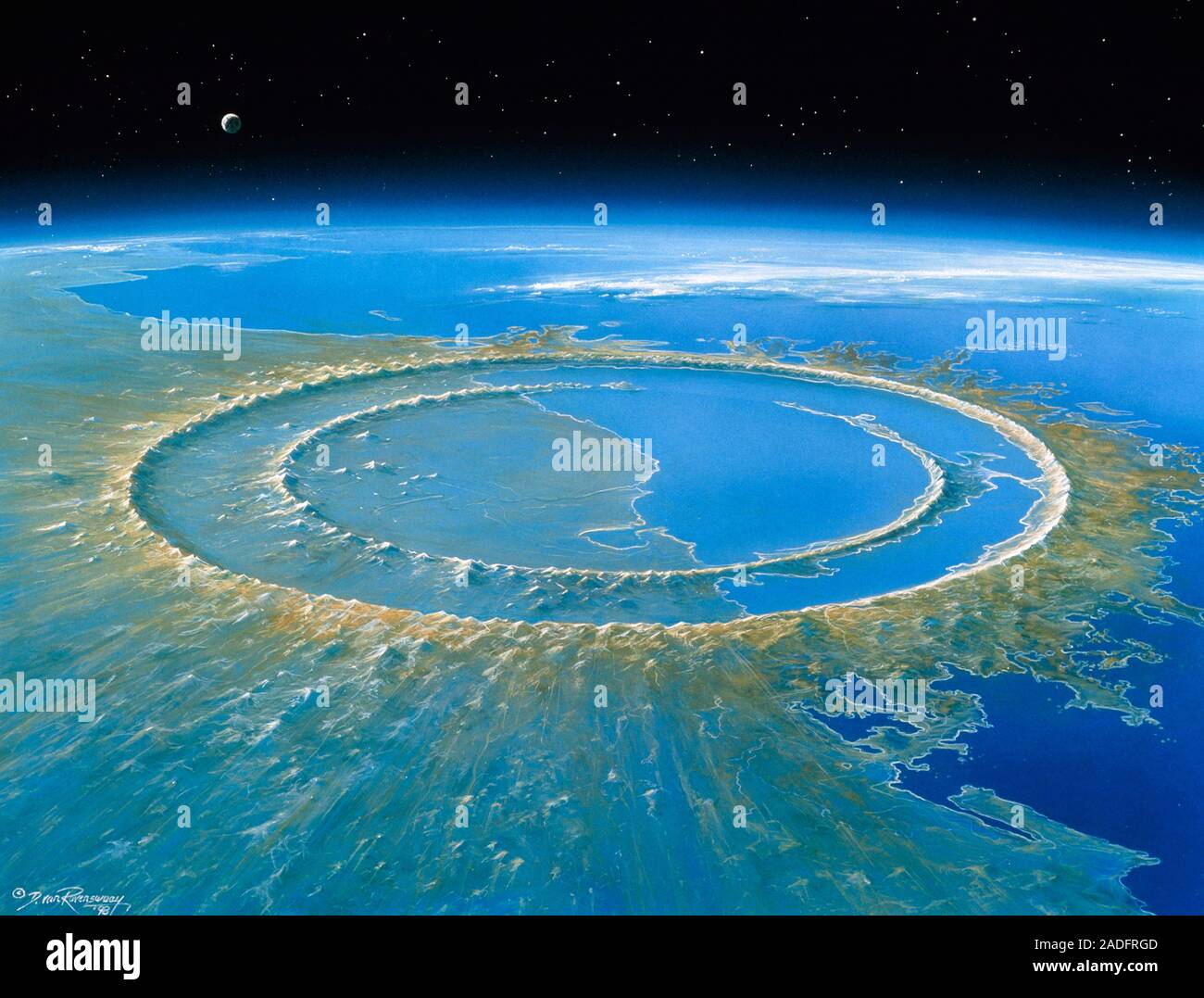 Chicxulub crater. Artwork of the Chicxulub impact crater on the Yucatan Peninsula, Mexico, soon ...