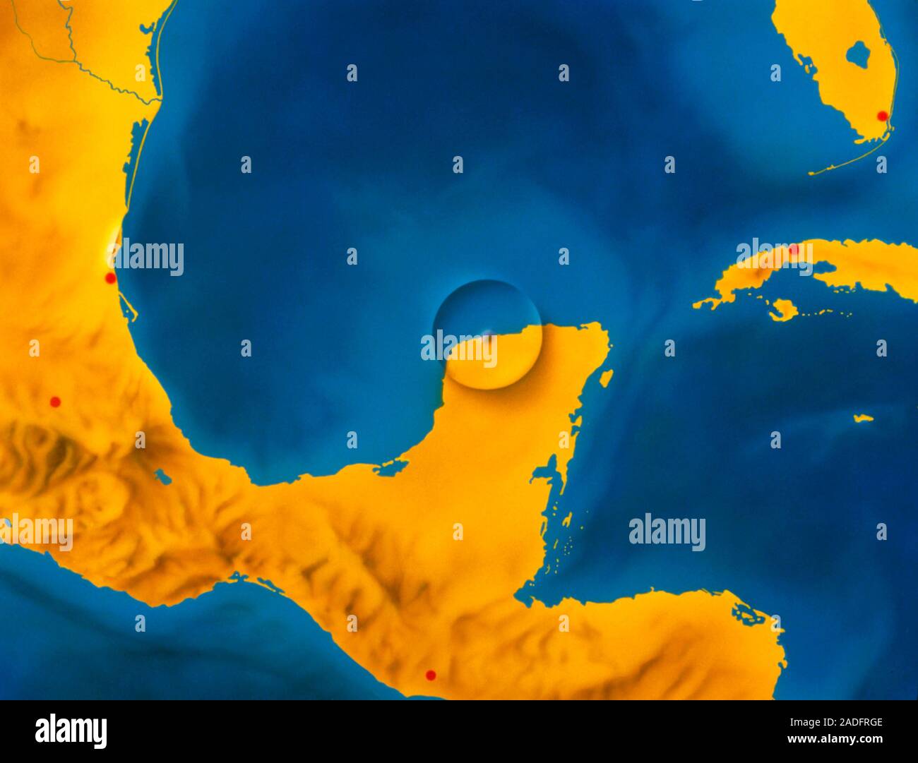 Chicxulub crater. Artwork showing the location of the Chicxulub impact crater (centre) on the ...