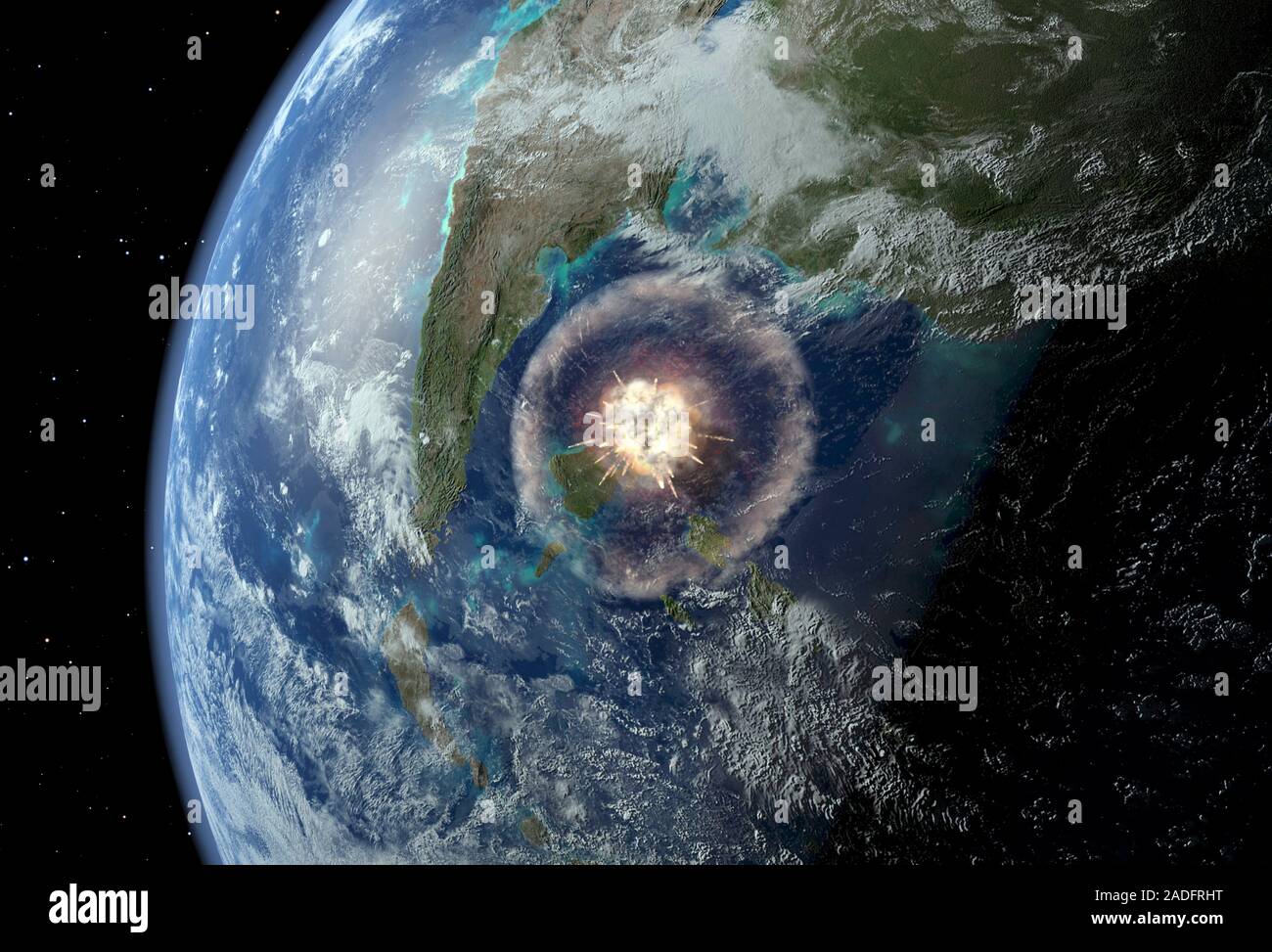 Cretaceous-Tertiary Impact. Computer artwork of a large asteroid hitting Earth 65 million years ...